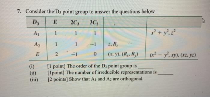 Solved A, 7. Consider the D3 point group to answer the | Chegg.com