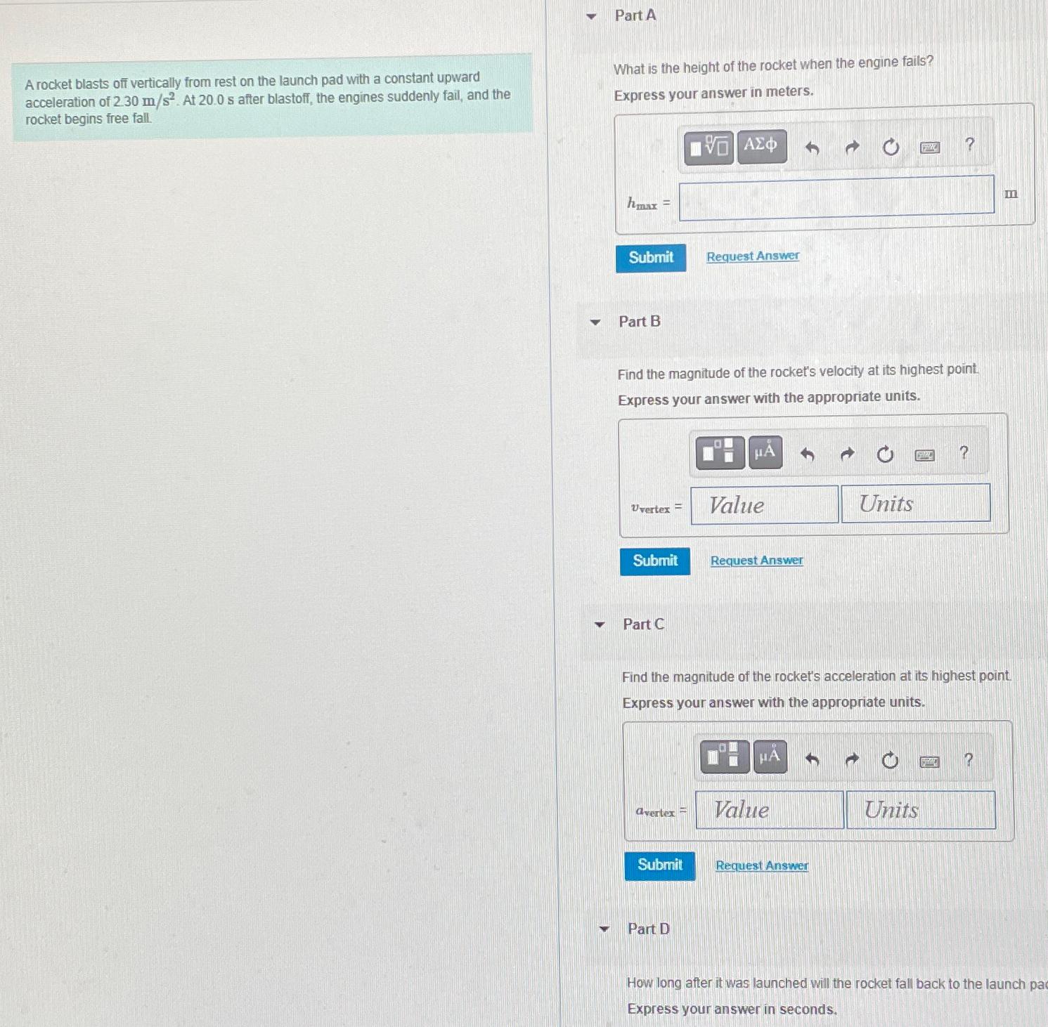Solved Part AA rocket blasts off vertically from rest on the | Chegg.com