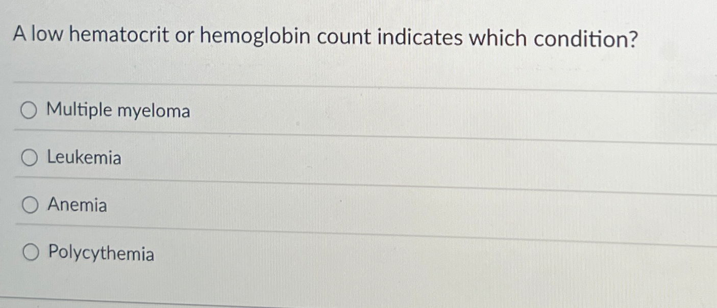 Solved A low hematocrit or hemoglobin count indicates which | Chegg.com