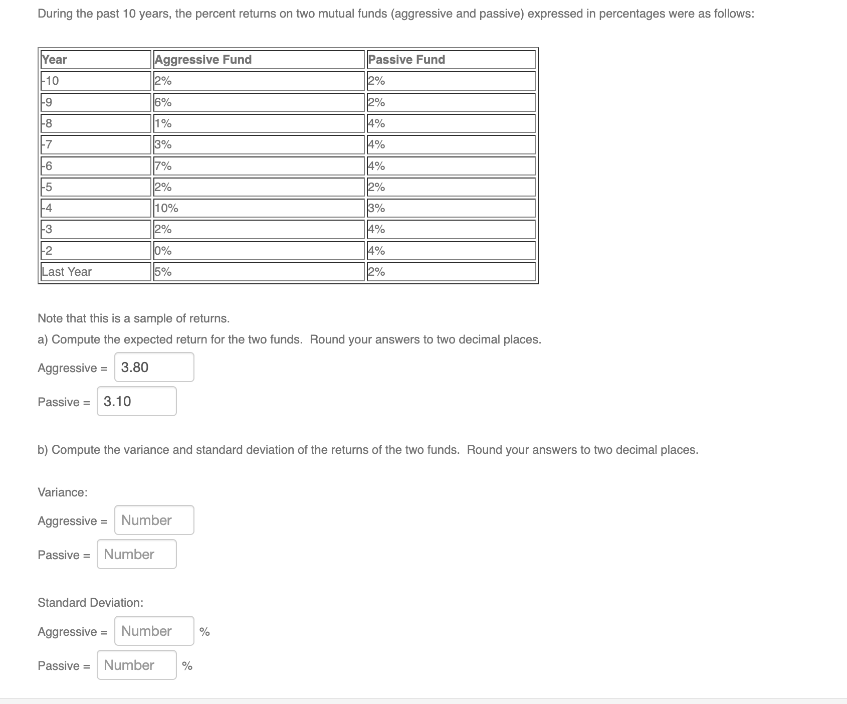 Solved During the past 10 ﻿years, the percent returns on two | Chegg.com