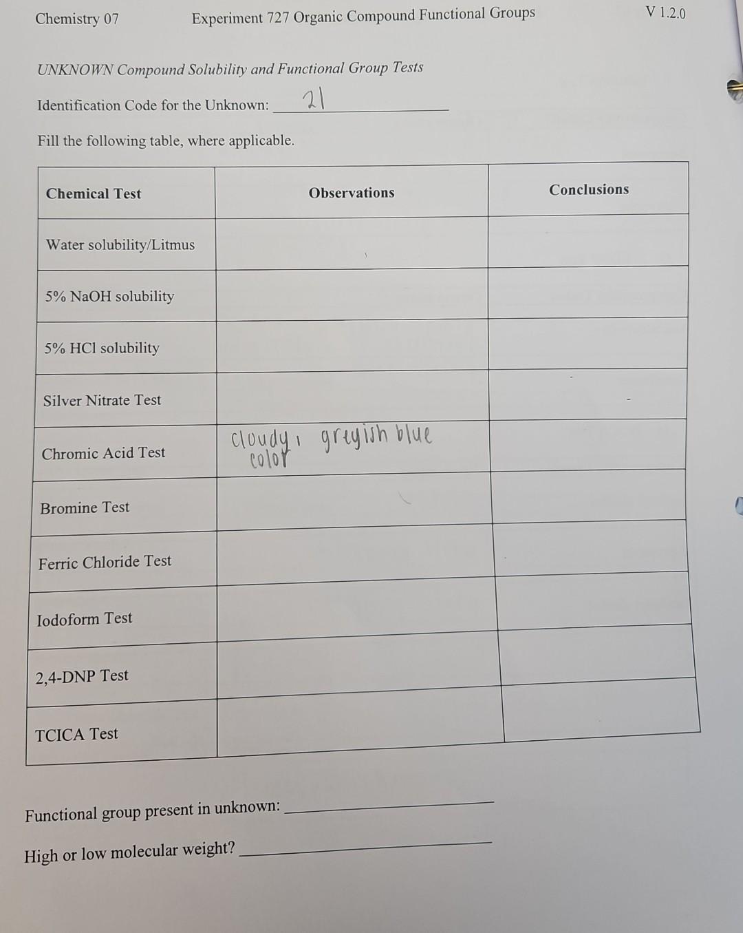 Chemistry 07 Experiment 727 Organic Compound | Chegg.com
