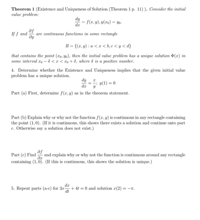 Solved Theorem 1 (Existence and Uniqueness of Solution | Chegg.com