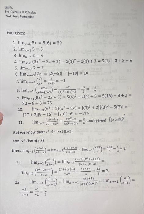 Solved Limits Pre-Calculus \& Calculus Prof. Rene Fernandez | Chegg.com