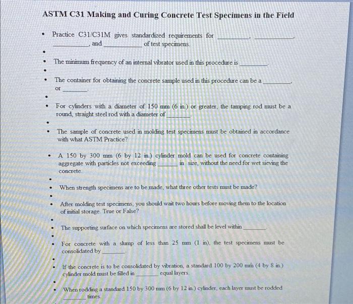 Solved ASTM C31 Making and Curing Concrete Test Specimens in | Chegg.com