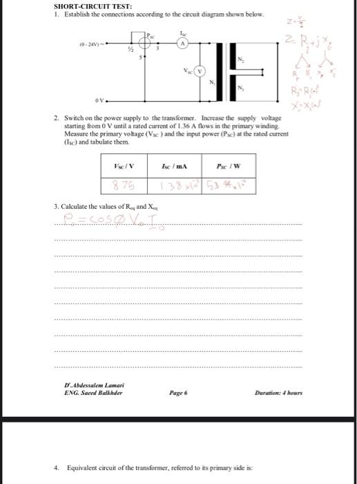 Solved SHORT-CIRCUIT TEST: 1. Establish the connections | Chegg.com