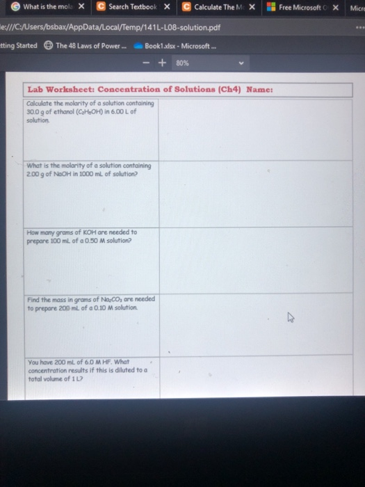 concentration molarity worksheet