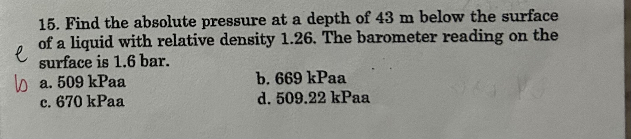 Solved Find the absolute pressure at a depth of 43m ﻿below | Chegg.com