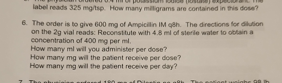 Solved label reads 325mgtsp. ﻿How many milligrams are | Chegg.com