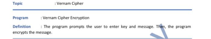Solved Topic : Vernam Cipher Program : Vernam Cipher | Chegg.com