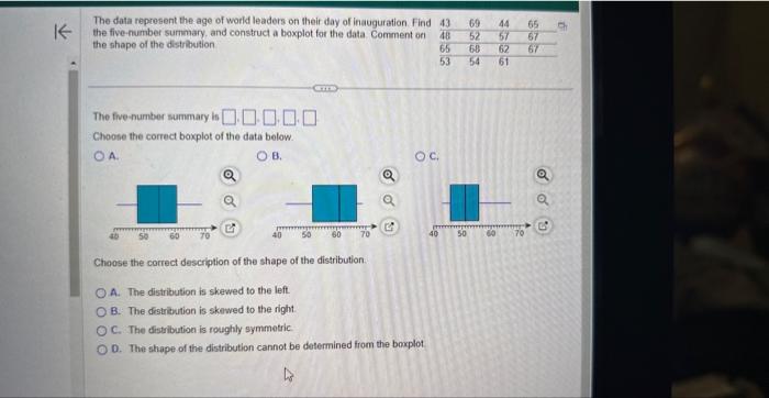 Solved The five-number summary is Choose the correct boxplot | Chegg.com
