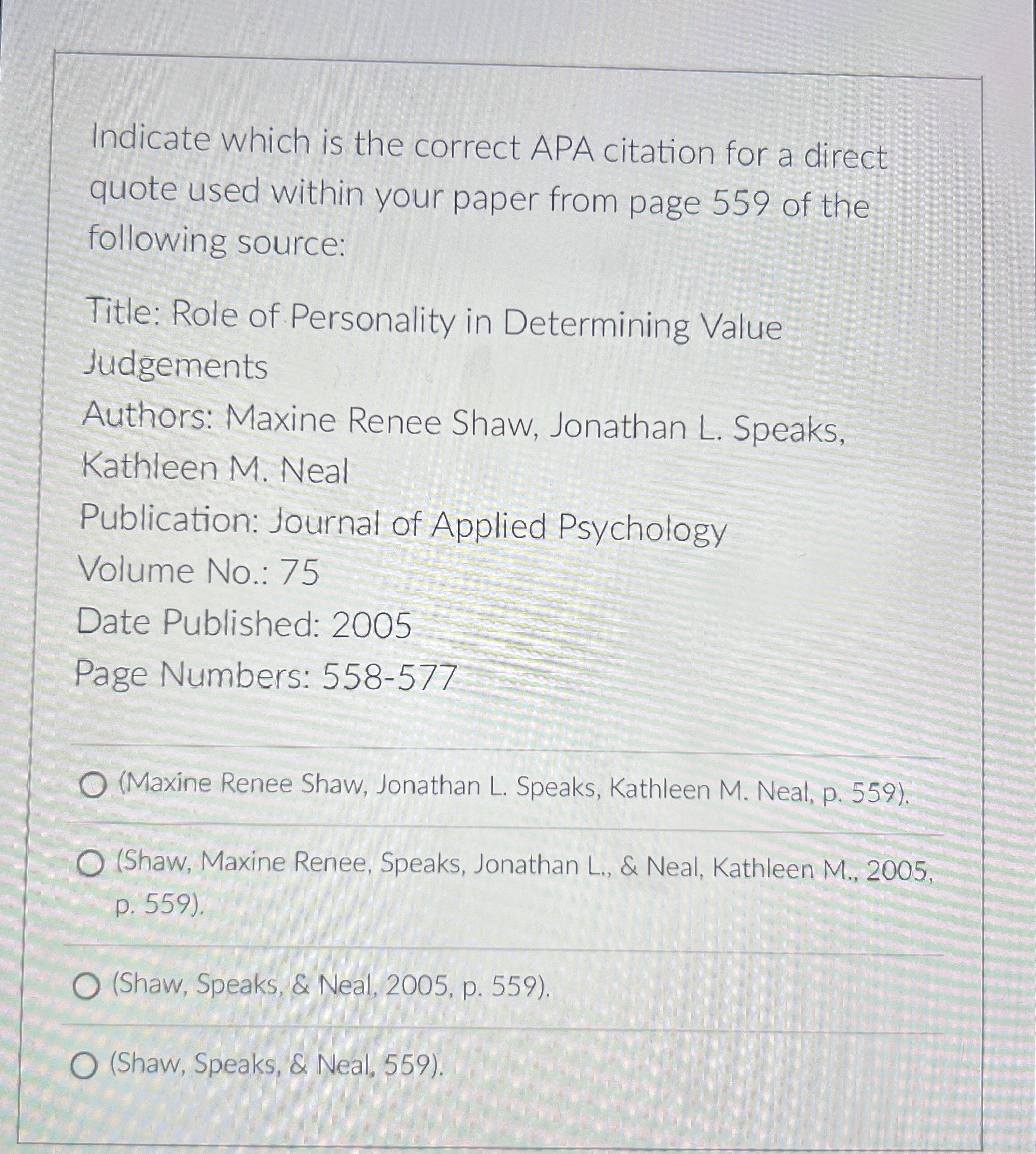 Solved Indicate which is the correct APA citation for a | Chegg.com