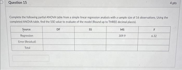 Solved Complete the following partial ANOVA table from a | Chegg.com