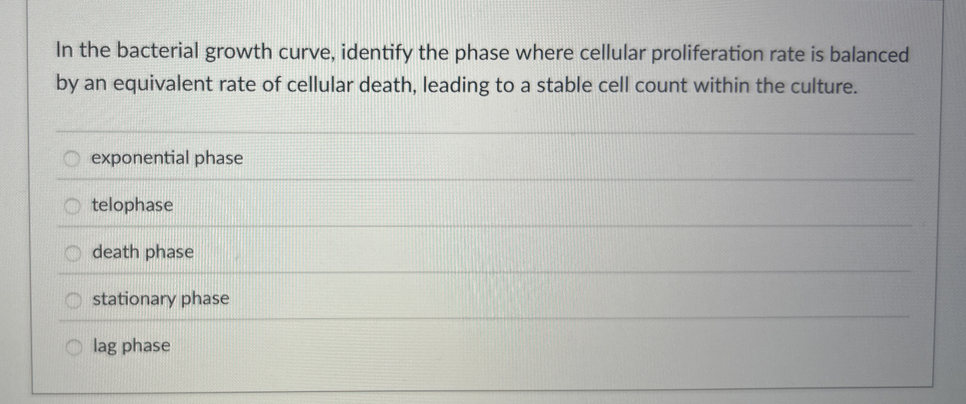 Solved In the bacterial growth curve, identify the phase | Chegg.com