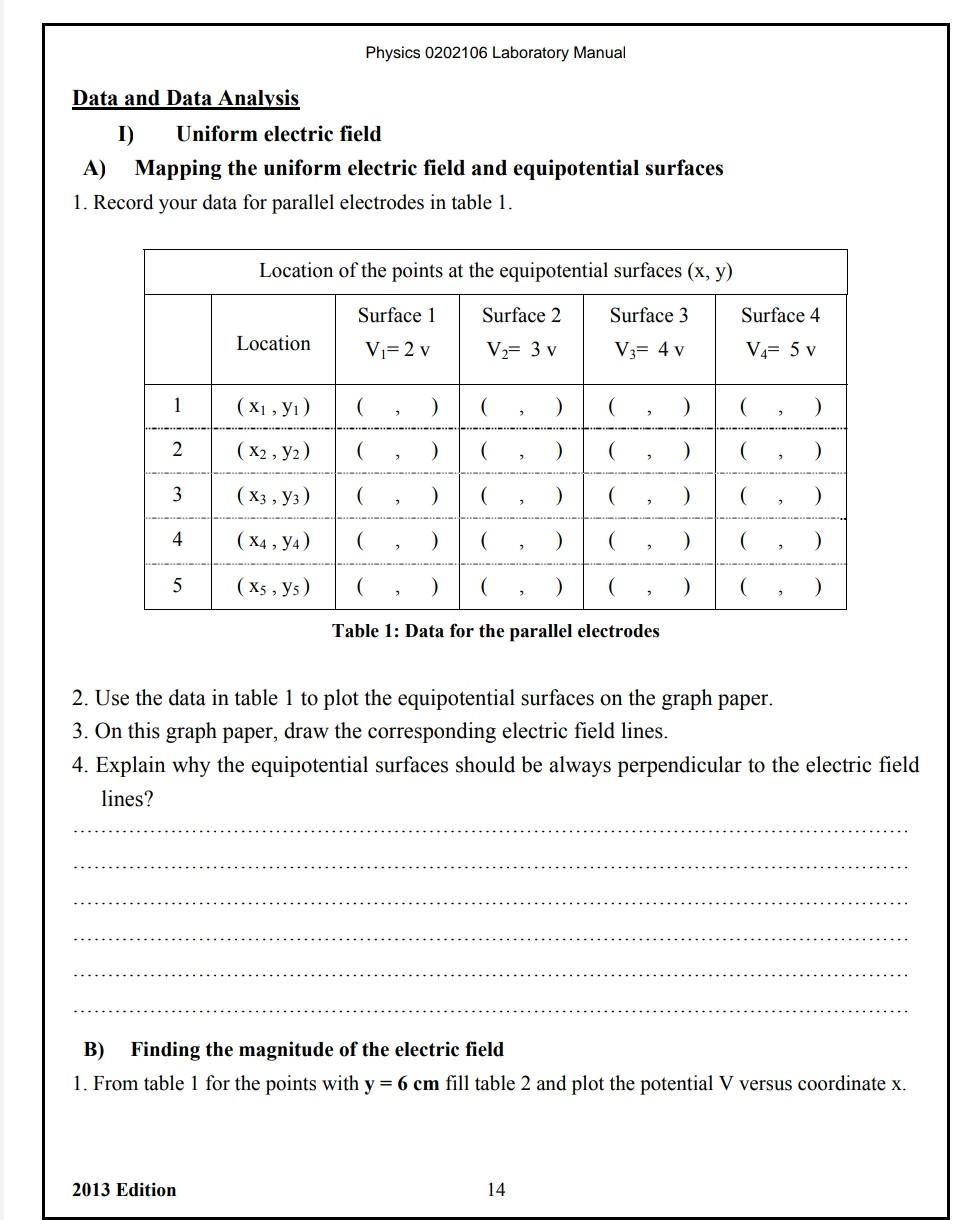 Solved Data For Exp. 1 Electric field mapping Table 1 | Chegg.com