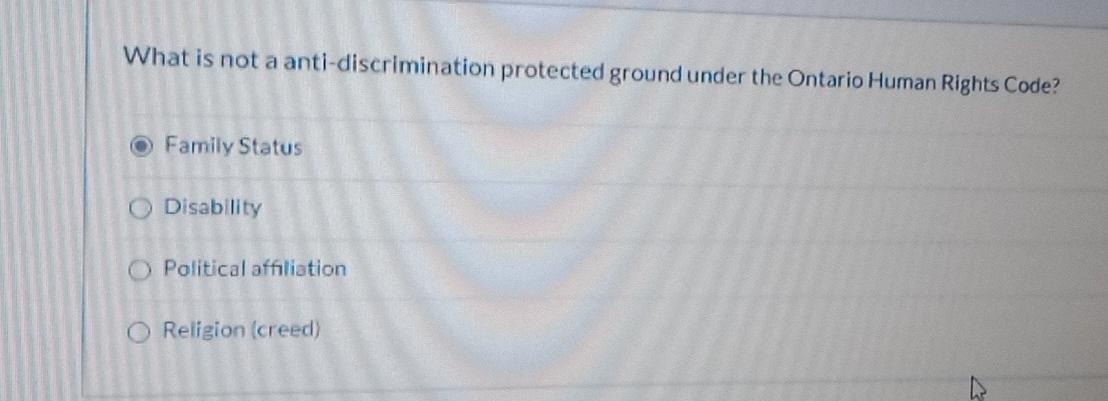 Solved What is not a anti-discrimination protected ground | Chegg.com