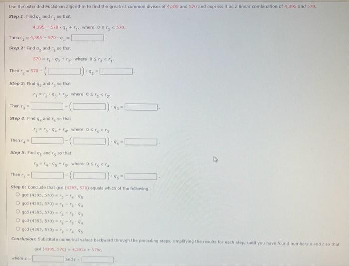 Solved step 1: find q1 and r1 no that 4,395=570+q2+r2, where | Chegg.com