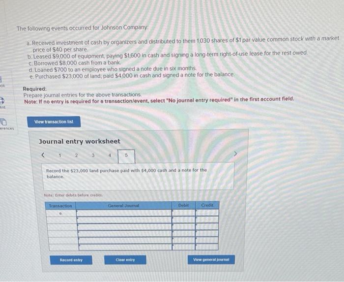 Solved he following events occurred for Johnson Company: a. | Chegg.com