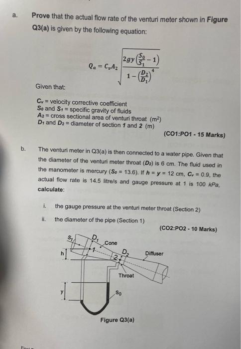 Solved a. Prove that the actual flow rate of the venturi | Chegg.com