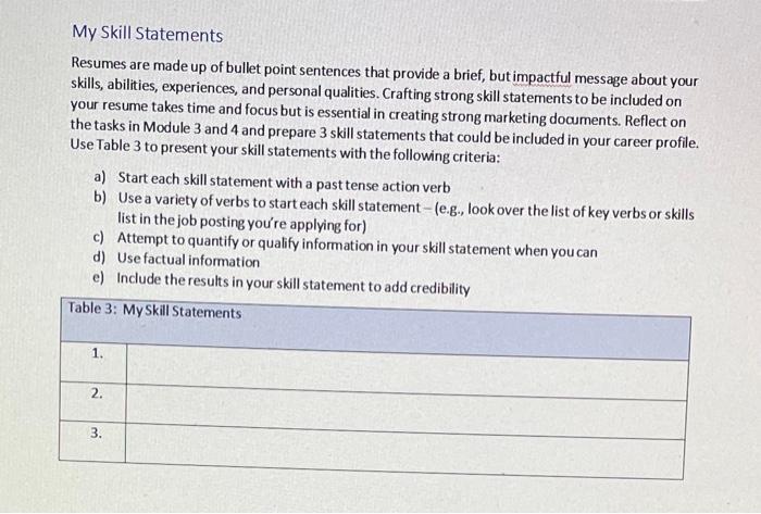 Solved My Skill Statements Resumes are made up of bullet | Chegg.com