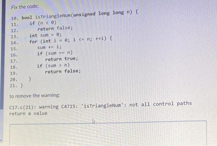 Solved Fix The Code 10 Bool Istrianglenumunsigned Long 