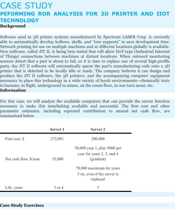 Solved CASE STUDY PEFORMING ROR ANALYSIS FOR 3D PRINTER AND | Chegg.com
