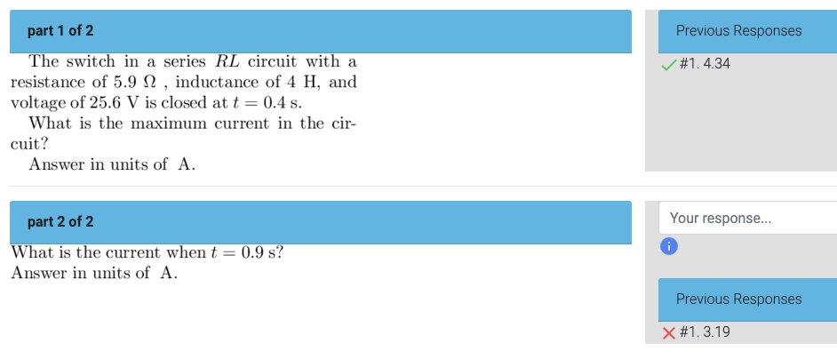 Solved part 1 ﻿of 2 ﻿The switch in a series \( ﻿R L \) | Chegg.com