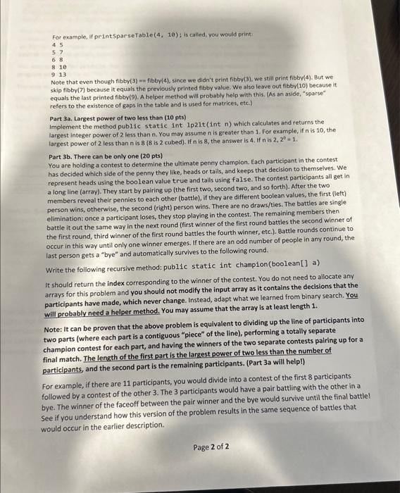 For example, if print sparse Table (4,10); is called, | Chegg.com