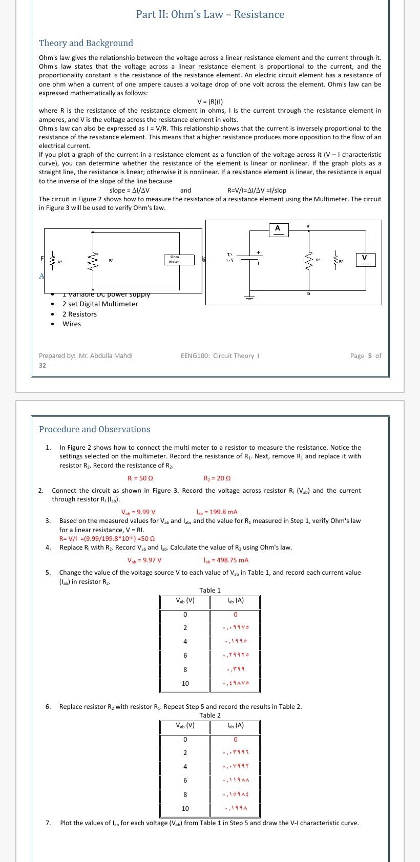 Solved Part II: Ohm's Law - Resistance Theory and Background | Chegg.com