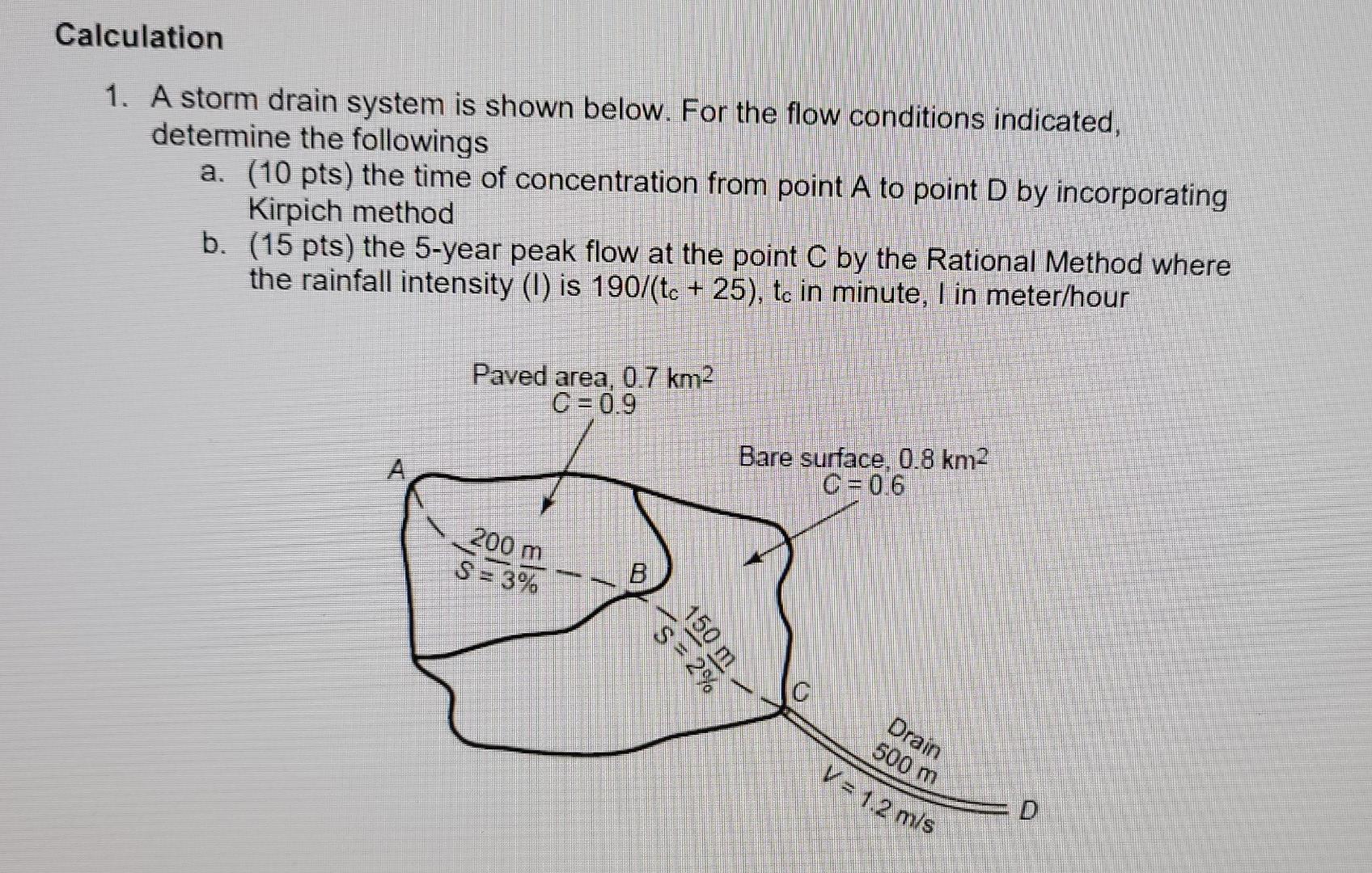 Solved Calculation 1. A storm drain system is shown below. | Chegg.com