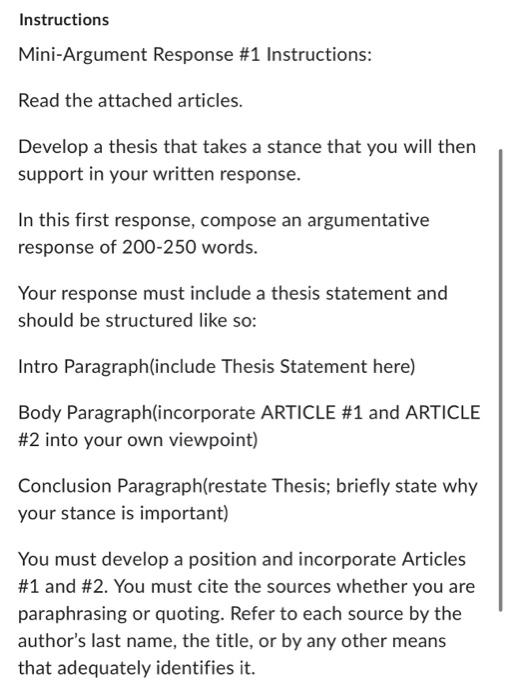 Instructions Mini-Argument Response #1 Instructions: | Chegg.com