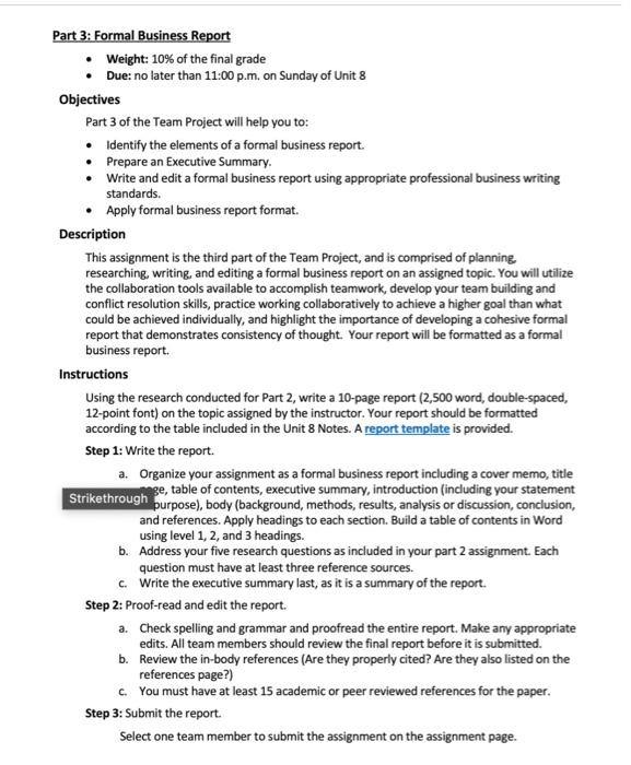 Solved Part 3: Formal Business Report • Weight: 10% of the | Chegg.com