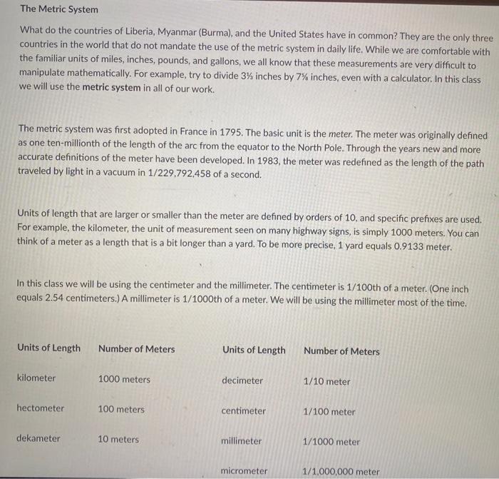 The Metric System What do the countries of Liberia, | Chegg.com