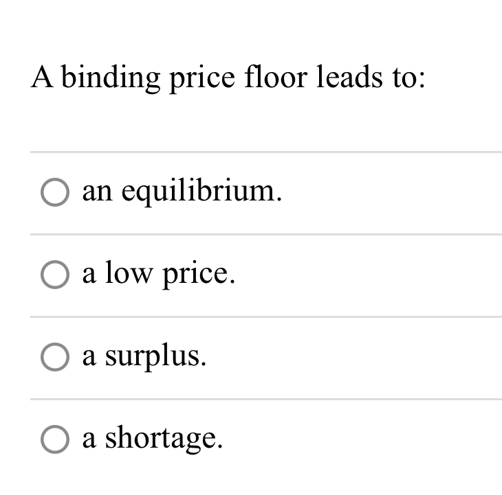 Solved A binding price floor leads to:an equilibrium.a low | Chegg.com