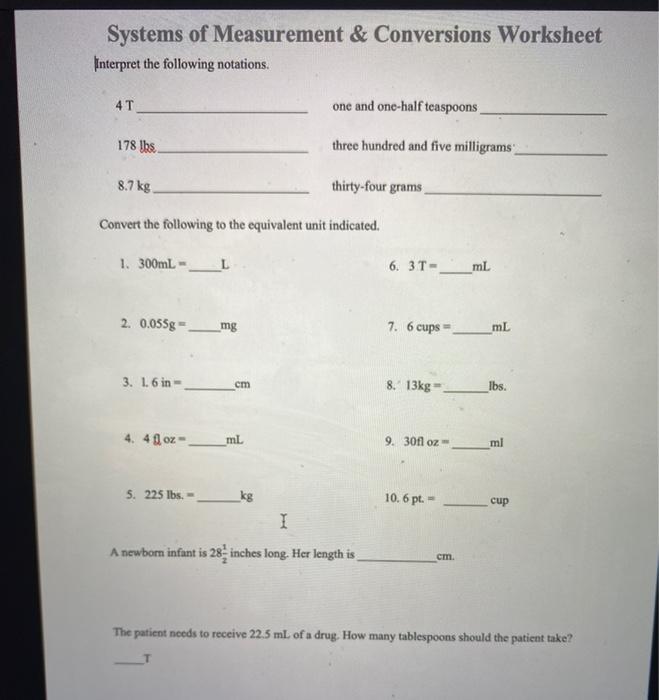 Solved Systems of Measurement & Conversions Worksheet | Chegg.com