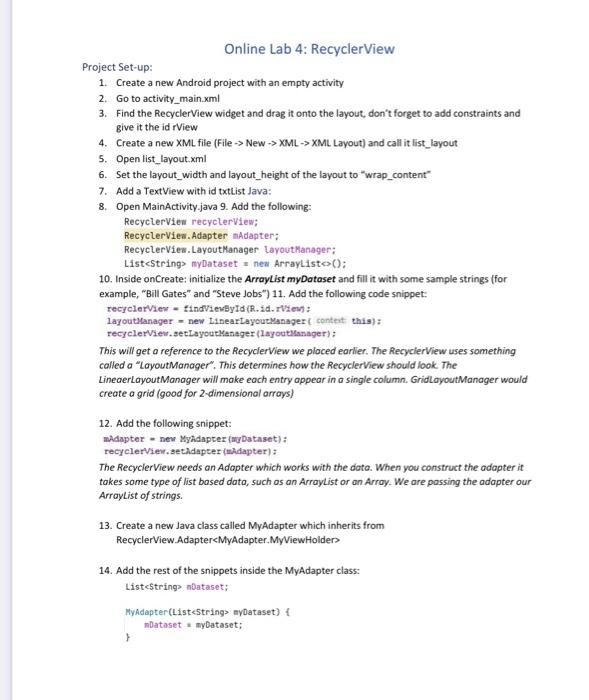 Online Lab 4: RecyclerView Project Set-up: 1. Create | Chegg.com