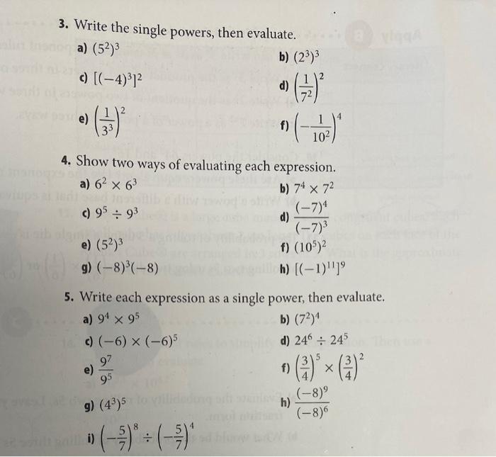 Solved 3. Write the single powers, then evaluate. a) (52)3 | Chegg.com