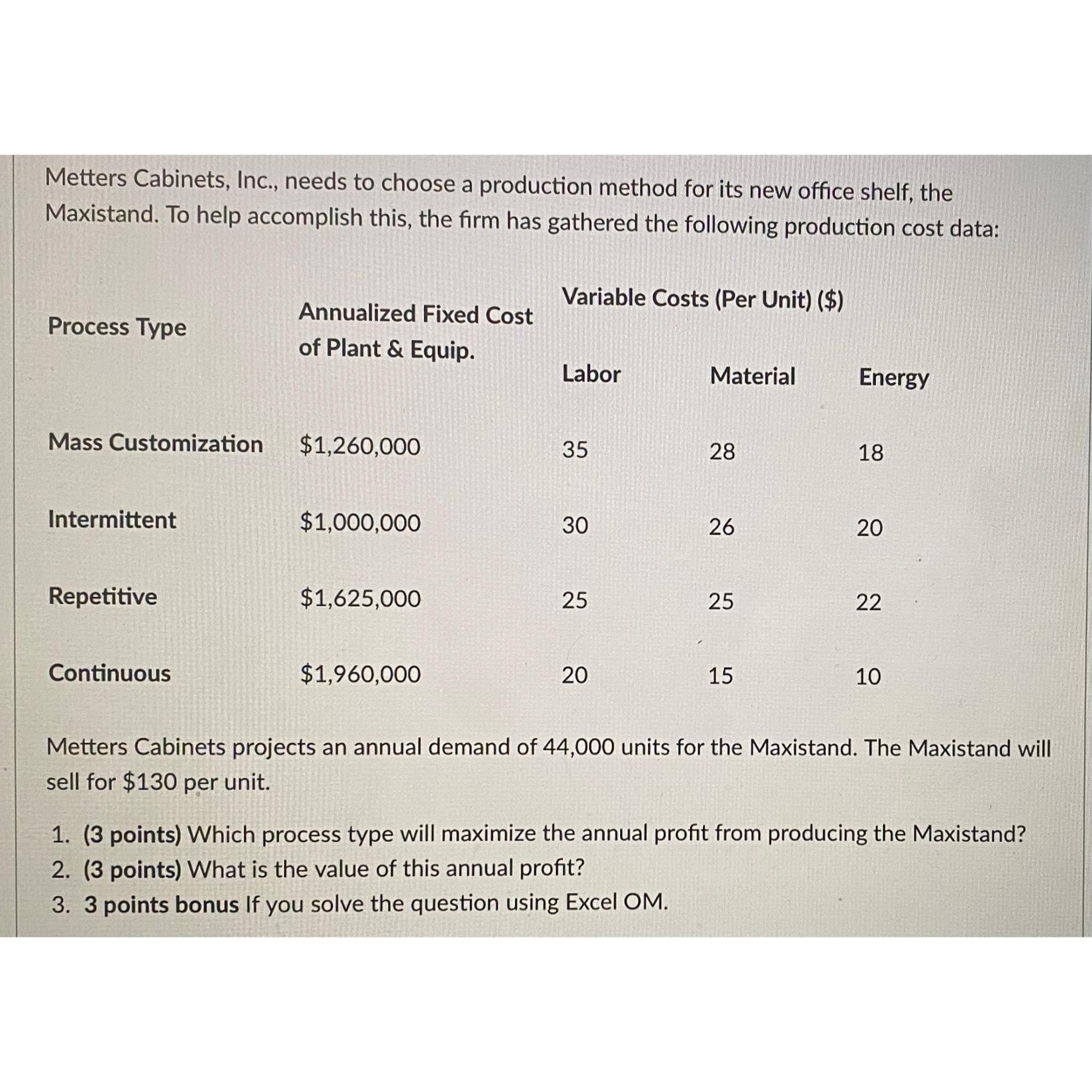 Solved Metters Cabinets, Inc., needs to choose a production | Chegg.com