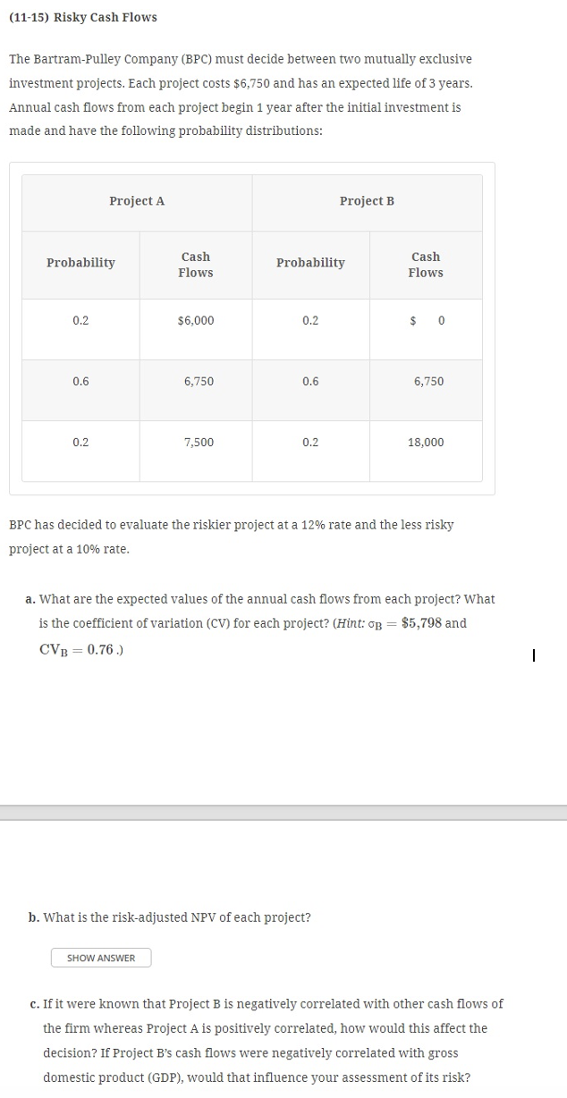 Solved (11-15) ﻿Risky Cash FlowsThe Bartram-Pulley Company | Chegg.com