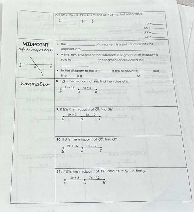 Solved 7. If SK=13x−5,KY=2x+9, and SY=36−x. find each volue. | Chegg.com