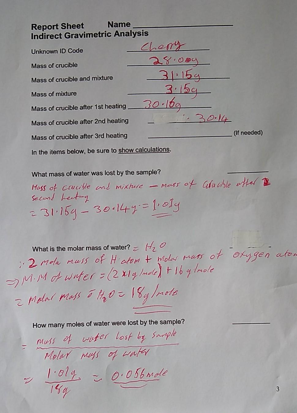 Solved Report Sheet Name Indirect Gravimetric Analysis | Chegg.com