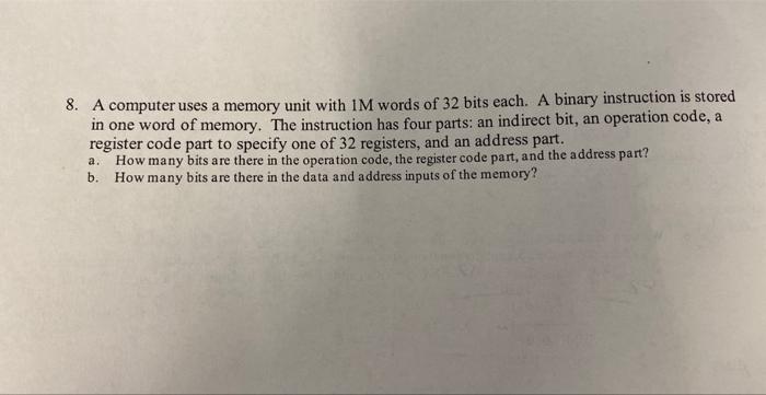 Solved A computer uses a memory unit with 1M words of 32 | Chegg.com