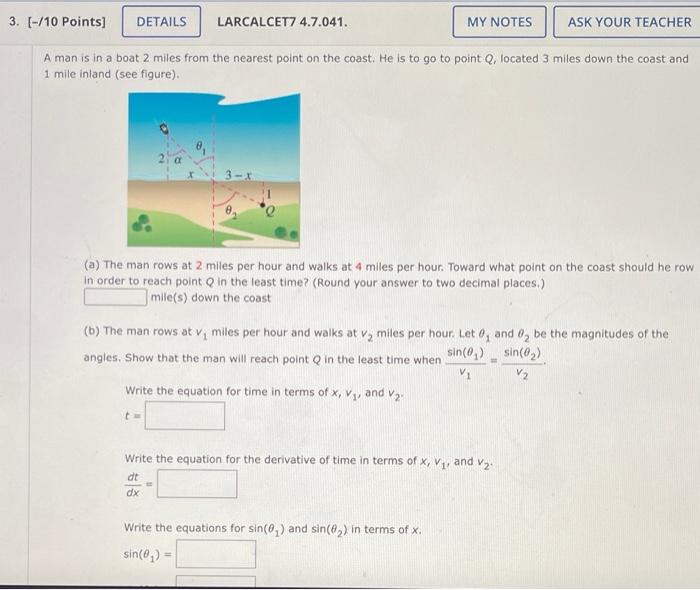 Solved A man is in a boat 2 miles from the nearest point on | Chegg.com