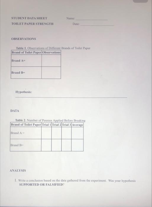 Biology - LAB I TOILET PAPER STRENGTH (An | Chegg.com