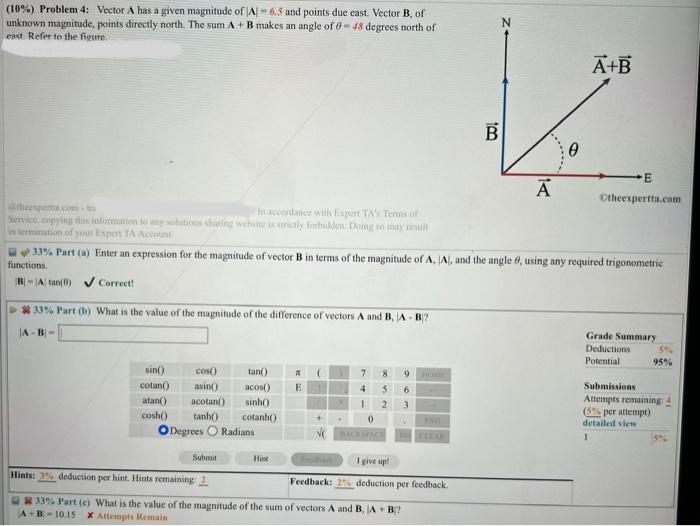 Solved (10\%) Problem 4: Vector A has a given magnitude of | Chegg.com