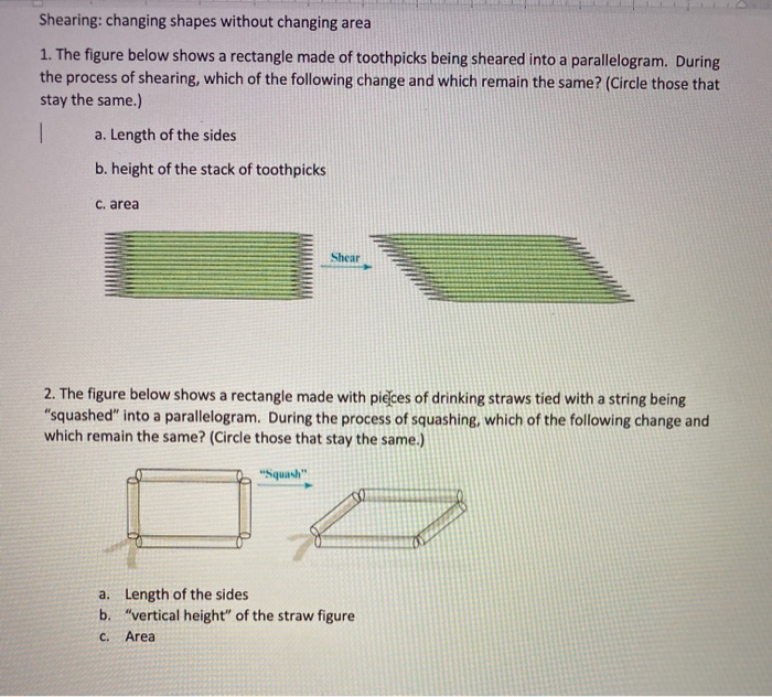 Solved Shearing: changing shapes without changing area 1. | Chegg.com