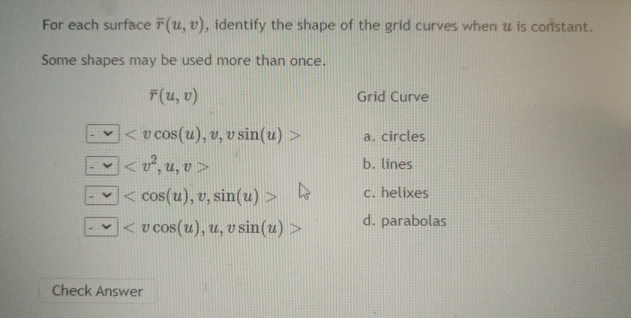 Solved For each surface ?bar (r)(u,v), ﻿identify the shape | Chegg.com