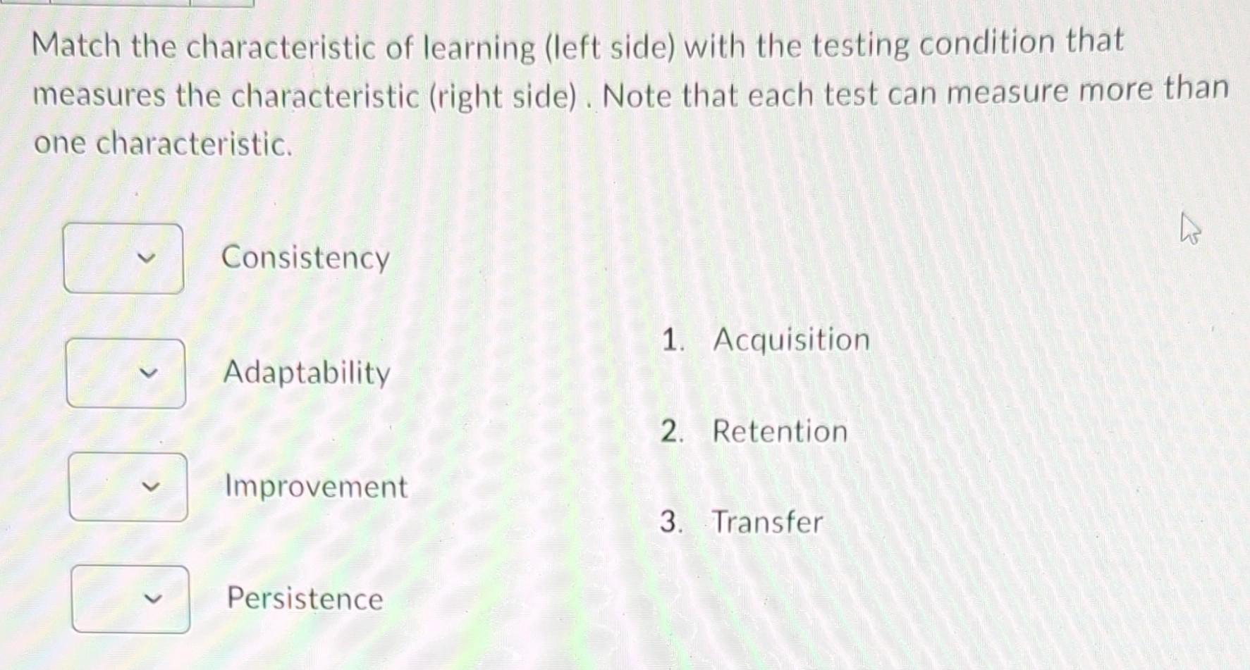 Match the characteristic of learning (left side) with | Chegg.com