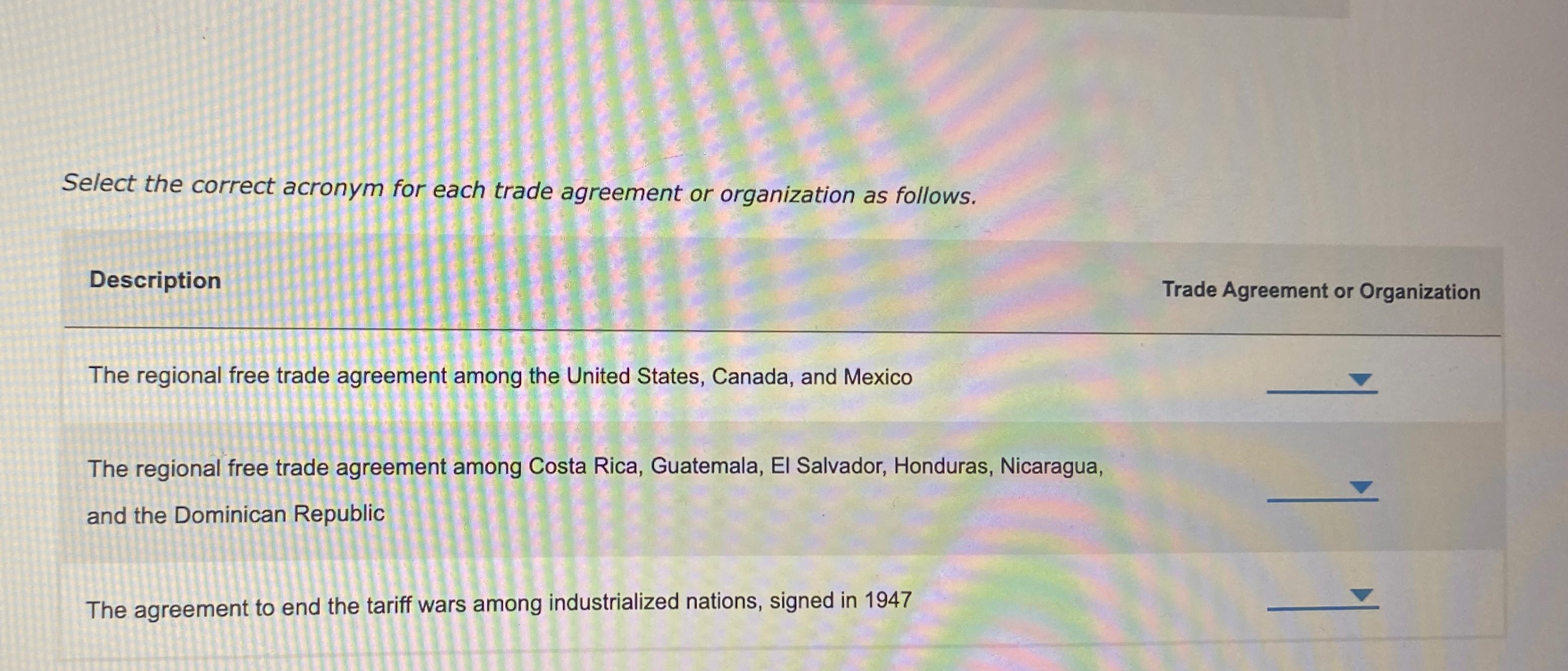 Solved Select the correct acronym for each trade agreement | Chegg.com