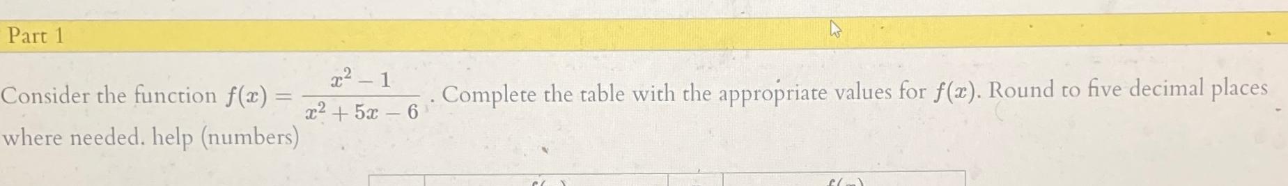 Solved Part 1Consider the function f(x)=x2-1x2+5x-6. | Chegg.com