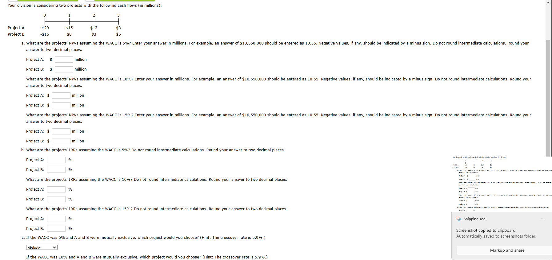 Solved Project A: $quad millionProject B: $∣quad | Chegg.com